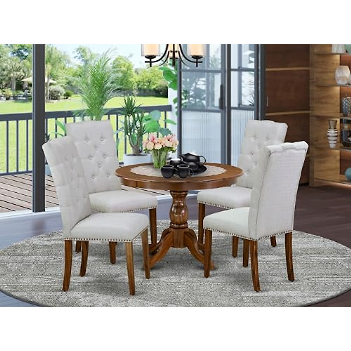 East West Furniture HBEL5-AWA-05 5 Piece Dining Set Includes a Round Dining Room Table with Pedestal and 4 Grey Linen Fabric Upholstered Chairs, 42x42 Inch, Walnut