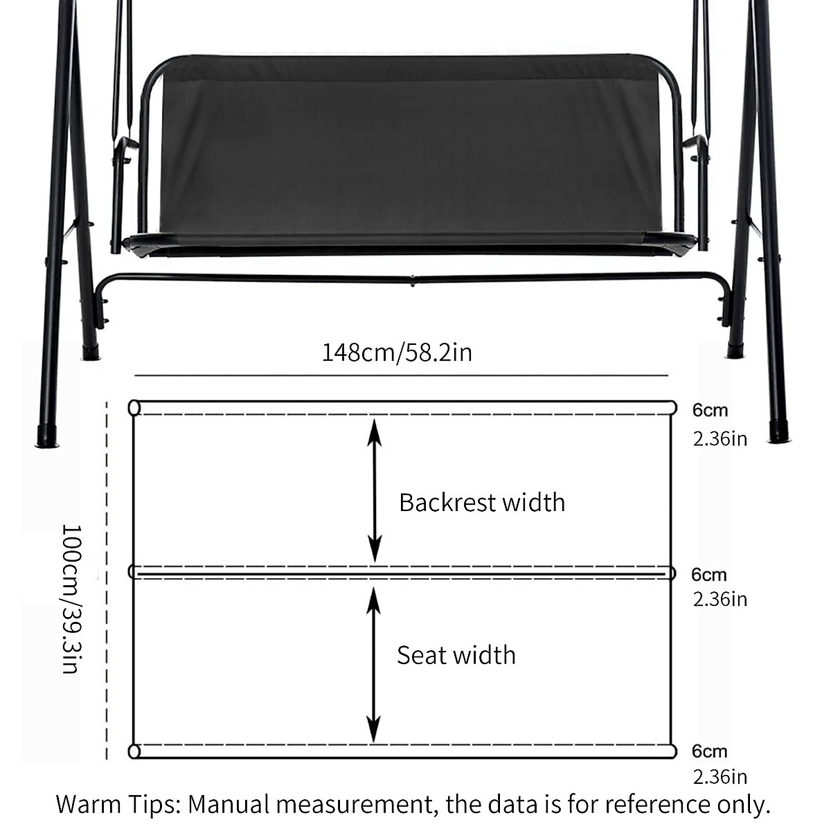 VIKKSAER Outdoor Swing Chair Cover, 2/3 Seat Bench Replacement Cover, 600D Oxford Waterproof & Thickened Swing Seat Cover for Outdoor Patio Garden Swing Chair (Black,54.3 x 19.7 x 19.7 Inch)