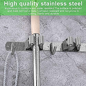 Mop and Broom Holder Wall Mount, SullWaker 3 Position with 4 Hooks Can Hold 7 Tools Stainless Steel Broom Organizer Wall Mount, Storage Hook Suitable for Home, Kitchen, Bathroom, Garage 1 Pack