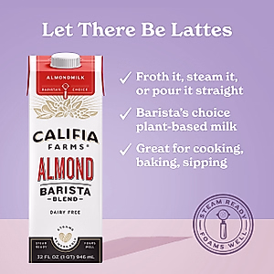 Califia Farms - Original Almond Barista Blend Almond Milk 32 Oz (Pack Of 6), Shelf Stable, Dairy Free, Plant Based, Vegan, Gluten Free, Non GMO, High Calcium, Milk Frother, Creamer