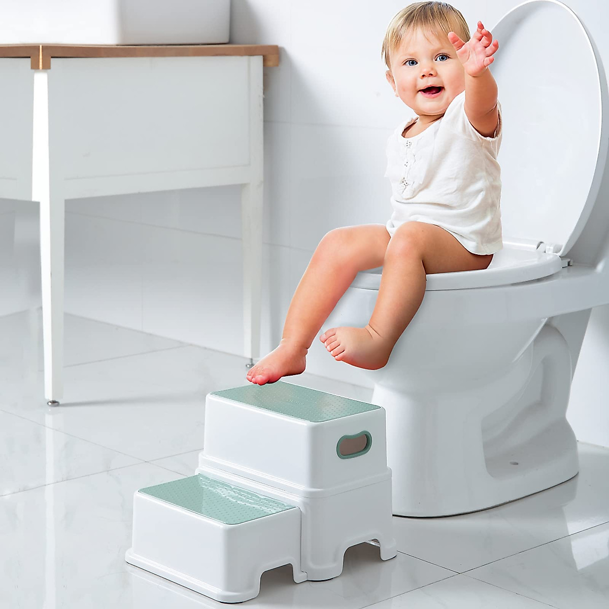 Victostar 2 Step Stool for Kids, Anti-Slip Sturdy Toddler Two Step Stool for Toilet Potty Training, Bathroom,Kitchen (Green-White)