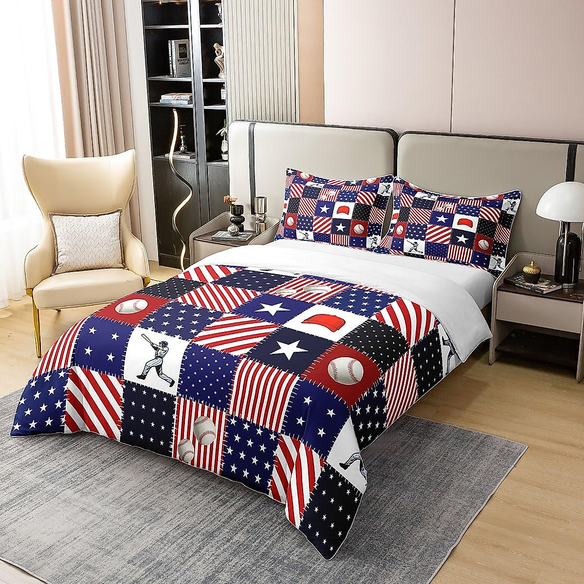 Castle Fairy Baseball Theme 100% Cotton Duvet Cover,Red Blue Geometric Stripe Check Breathable Comforter Cover,American Flag Stars Pattern Bedding Set 3 Pcs with Zipper Closure Queen Size