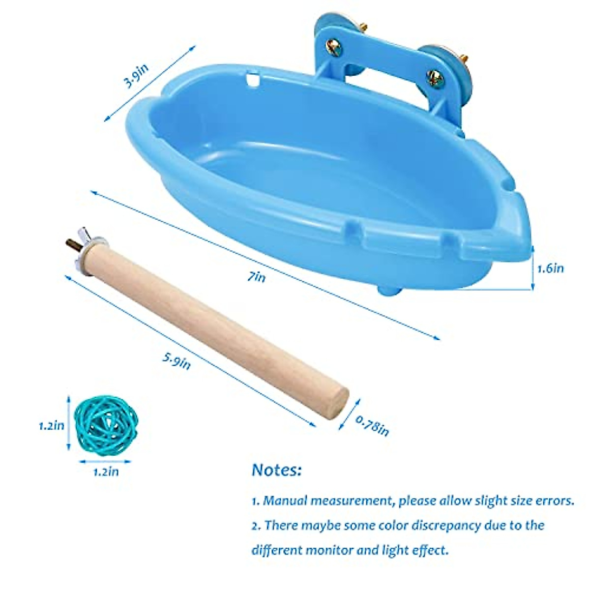 Bird Bath Tub 7 Packs, Wooden Bird Branches, Colorful Rattan Balls, Bird Shower Bathing Bowl for Cage, Parrot Bathtub Pool Bird Feeder Bowl Bird Cage Accessories