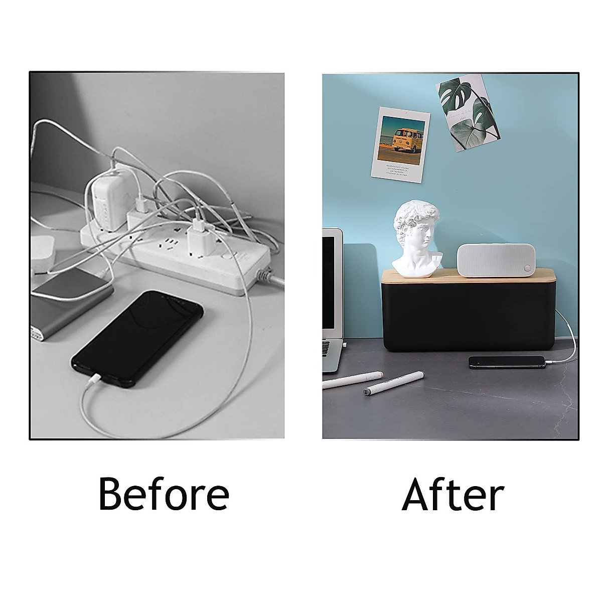 Changsuo Wall Mount Cable Management Box Medium Cable Organizer Box for Extension Cord Power Stripe Surge Protector Wire Management Concealer Organizer Cover Hider for Desktop (Medium, Black)