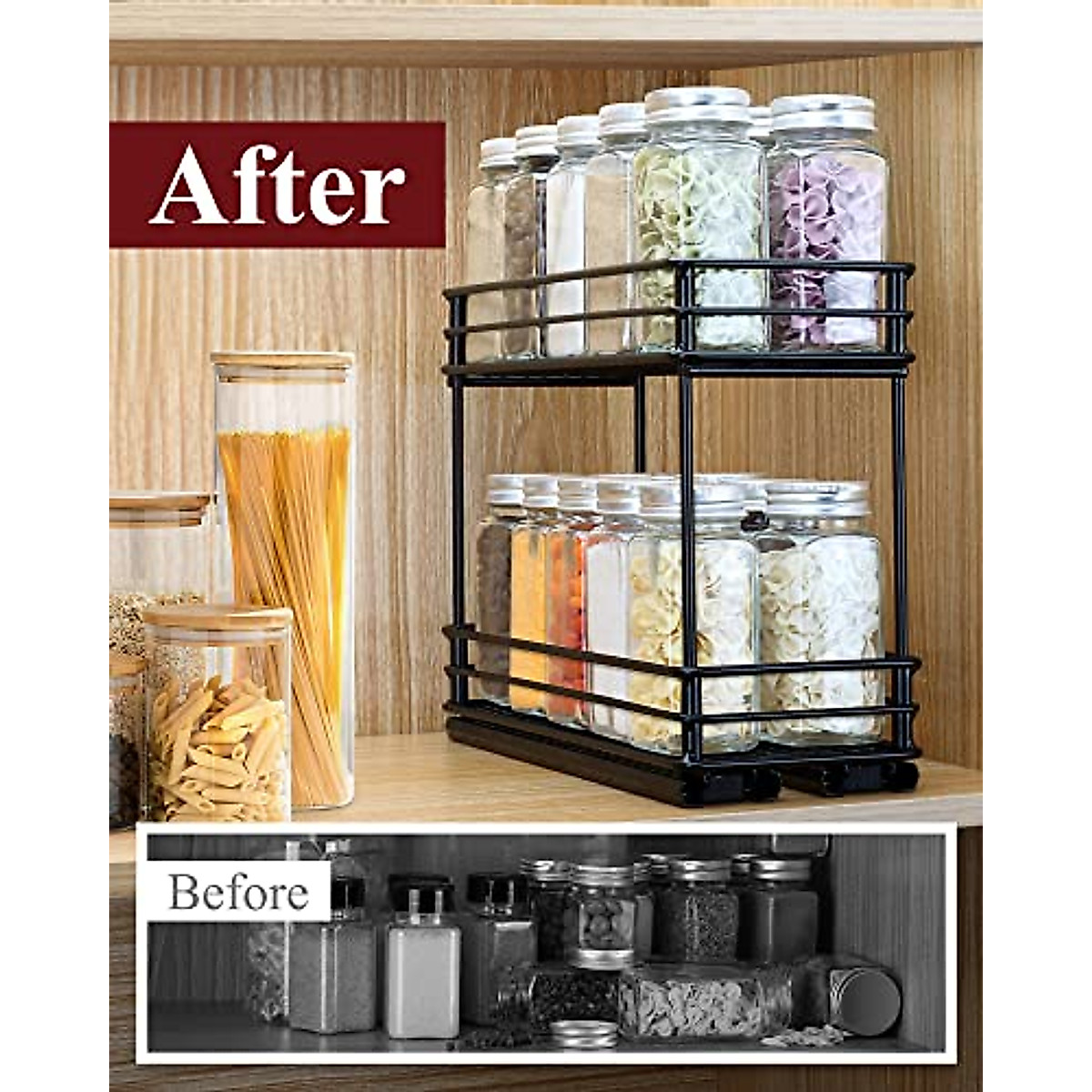 Sakugi Spice Rack Organizer for Cabinet - 2-Pack 2-Tier Pull Out Spice Rack for Kitchen Cabinet, Rustproof & Durable Spice Cabinet Organizer, Spice Organizer, 4.33''W x 10.23''D x 8.54''H