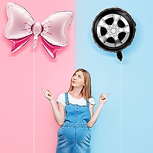 12 Pieces Burnouts or Bow Foil Balloons Black Car Wheel Balloons Gender Reveal Balloon Pink Polka Dots Bow Balloon Foil Balloons for Baby Shower Gender Reveal Wedding Birthday Party Decoration