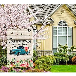 Spring Garden Flag 12x18 Inch Double Sided,Blue Truck with Flowers Country Roads Take Me Home Yard Flag,Small Flag for Farmhouse Outdoor Decor