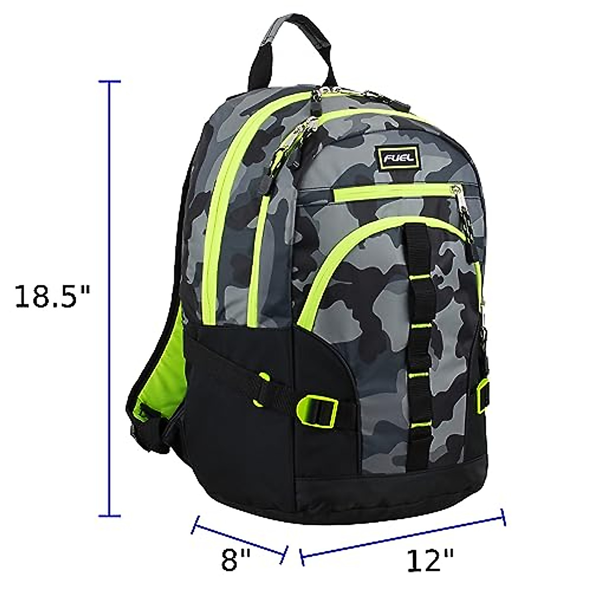 FUEL Dynamo Active Backpack, Fits Most Laptops up to 15", Front Access Pockets, Padded Lumbar, Comfortable, Adjustable Straps - Black/Gray Camo