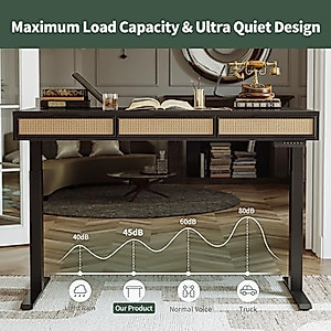 FEZIBO 55X26 Inches Boho Style Height Adjustable Electric Standing Desk with 3 Rattan Drawers, Stand up Desk with Large Storage Space, White（2 Packages）