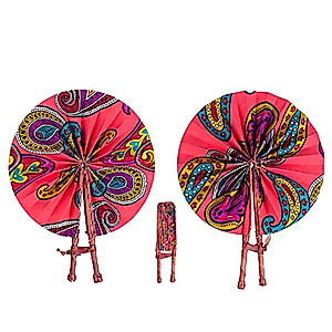 Ghana Handmade Colorful Ankara African Print Handheld Bolga Folding Fan With Leather Handles Handheld African Fabric Folding Fan (Multi 7)