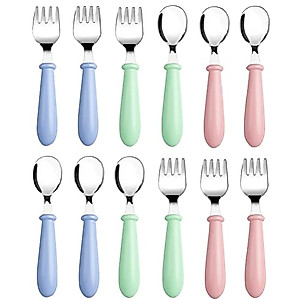 12 Pieces Toddler Utensils Kids Silverware Set Baby Forks and Spoons, Stainless Steel Childrens Safe Cutlery with Round Handle for Self Feeding, Dishwasher Safe