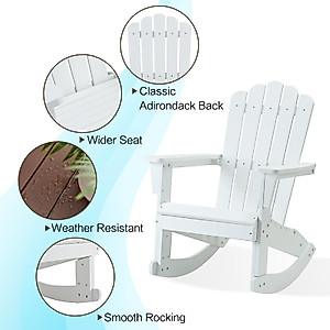 Psilvam Outdoor Adirondack Patio Rocking Chair, Poly Lumber Porch Rocker with High Back, Outdoor Rocking Chairs Set of 2 (White)