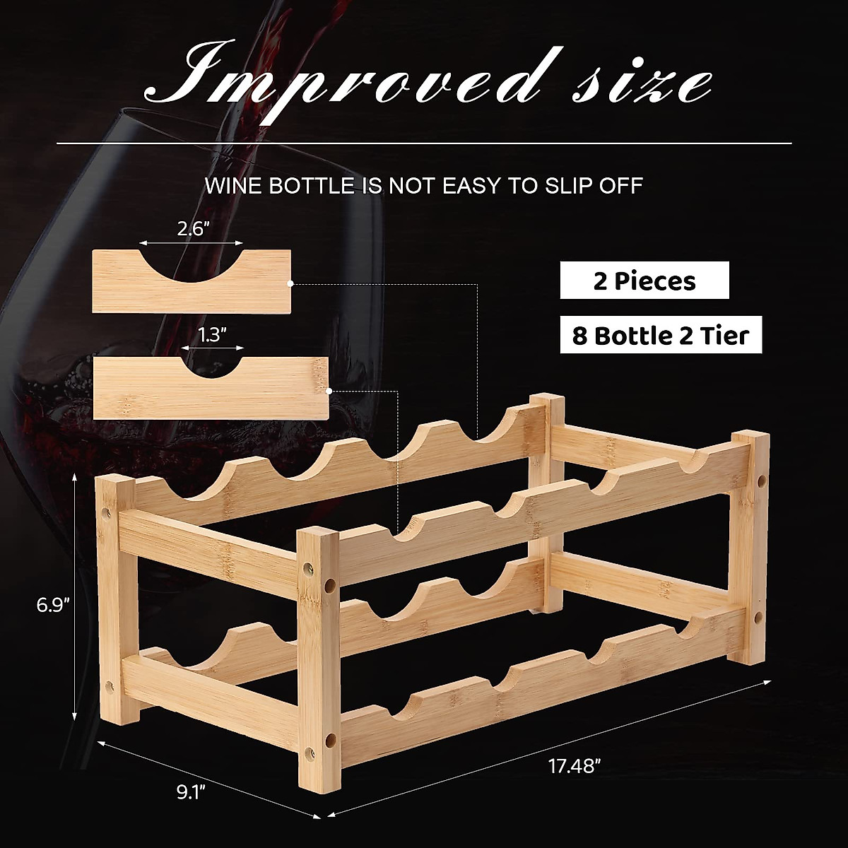 Maitys 2 Pieces Wine Rack Standing 8 Bottle 2 Tier Wine Rack Countertop Bamboo Wine Bottle Holder Wooden Wine Shelf Wine Stand for Kitchen Bar Cellar Basement Tabletop Display Cabinet Decor