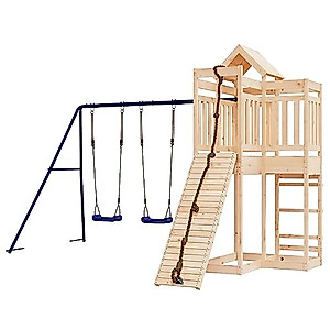 Loibinfen Outdoor Playset Solid Wood Pine, Garden Play Set with 1 Play Tower, 1 Climbing Wall, 1 Double Swing Set, Modern Outdoor Backyard Children's Climbing Wood Playground Playset,-4546