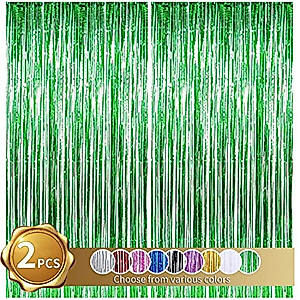 BEISHIDA 2 Pack Foil Fringe Curtains Green Photo Backdrop Streamer Curtain Tinsel Metallic Curtains Photo Props Background for Christmas Wedding Bridal Shower Birthday Party Decor(3.28 ft x 6.56 ft)