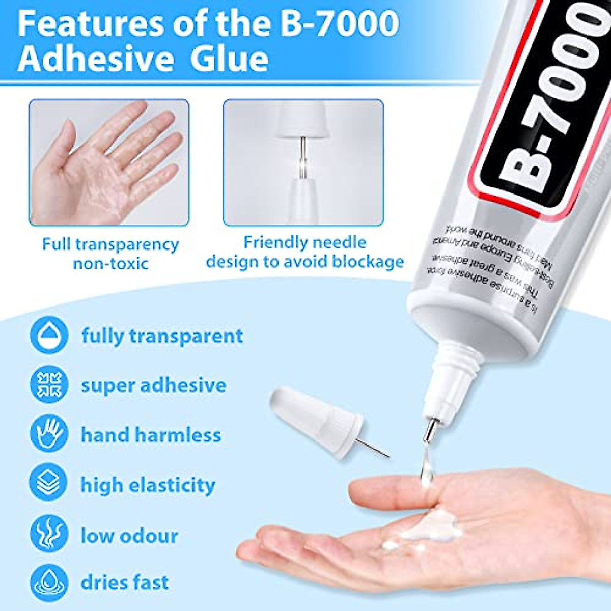 B-7000 Super Adhesive Glue, Industrial Strength B7000 Glues Paste for Rhinestones Crafts, Clothes Shoes, Fabric, Jewelry Making, Cell Phones, Tablet, Wood, Rubber, Leather (2x50 ml/2.1 oz)