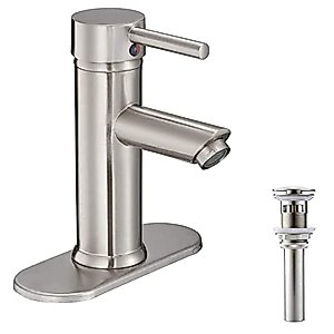 Bathroom Sink Faucet Brushed Nickel Single Hole One Handle Aerator Spout Sink Vanity Bath Lavatory Commercial Basin Faucet with Deck Plate Include PoP Up Drain with Overflow