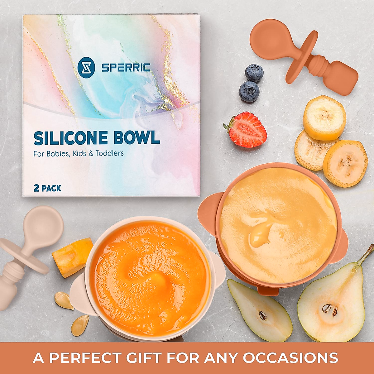 Silicone Suction Baby Bowl with Lid - BPA Free - 100% Food Grade Silicone - Infant Babies and Toddler Self Feeding Sunrise/French Beige