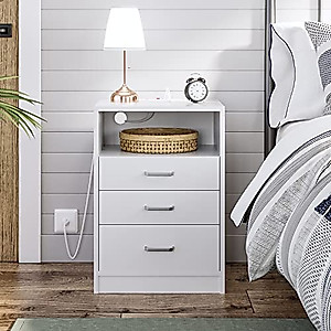 ADORNEVE Nightstand 3 Drawers with Open Storage,Side Tables Bedroom with Charging Station,Bedside Table with Drawers,White