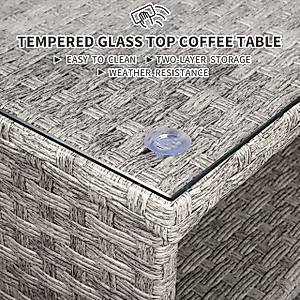 WAROOM Outdoor PE Wicker Coffee Table - Patio Rattan Garden Side End Tea Table with Glass Top Furniture, Grey
