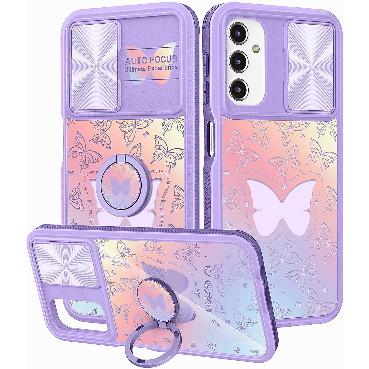 Plakill for Samsung Galaxy A14 5G Case, Cute Stylish Designer Galaxy A14 5G Phone Cases with Slide Camera Cover + Ring Holder,Butterflies Slim Protective Shockproof Hard Clear Cases for A14 5G