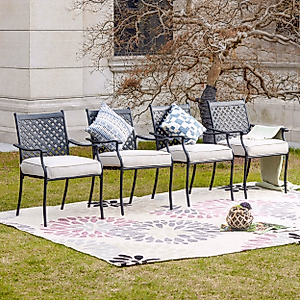 LOKATSE HOME 4 Piece Outdoor Patio Metal Wrought Iron Dining Chair Set with Arms and Seat Cushions - Beige