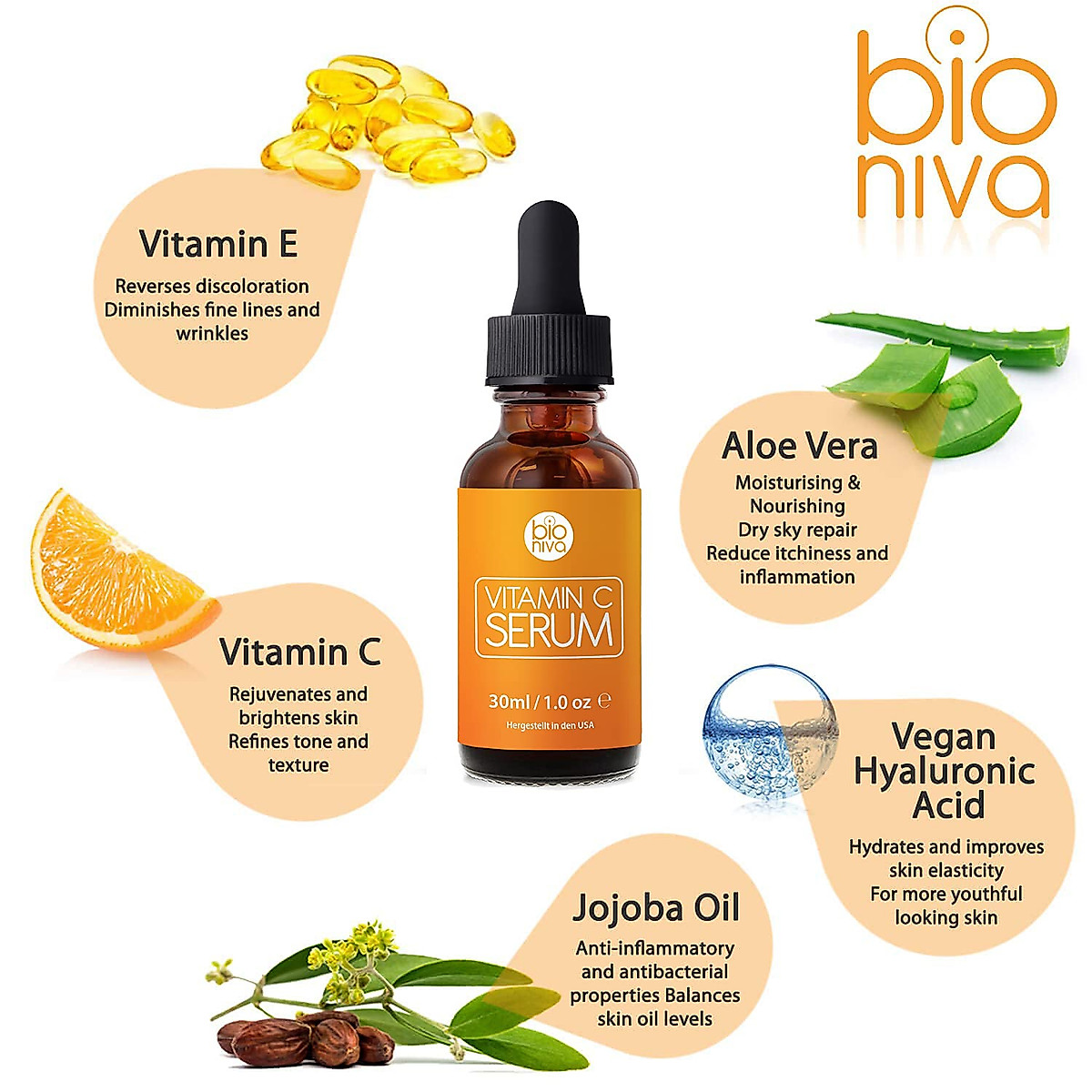 Bioniva Vitamin C Face Serum Facial Skin Care Products Vitamin C Serum Jojoba Oil Vitamin E Oil Hyaluronic Acid Aloe Vera Gel Moisturizing Anti Aging Wrinkle Smoothing Fine Lines Vegan Organic 1oz