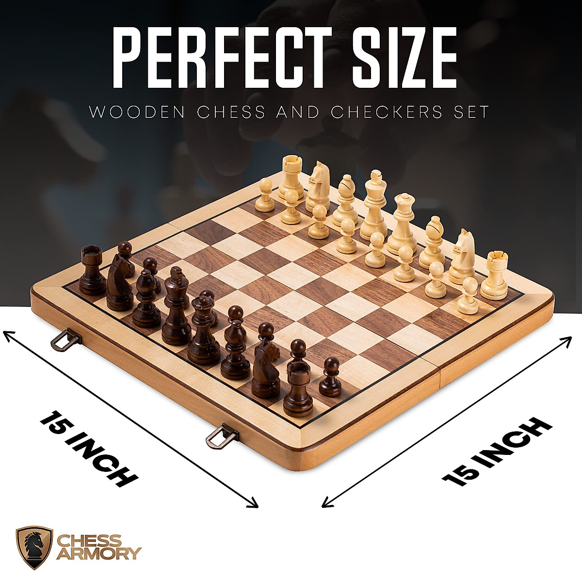 Chess Armory Premium Checkers and Chess Set - Wooden Board Game with a Portable Wood Case and Secure Storage for Pieces, Set for Kids and Adults (Beech Wood)