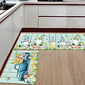 2 Piece Easter Day Kitchen Rug Set Easter Bunny Indoor Floor Mats for Spring Summer, Gnomes Mat Runner Rug Carpet Mat for Kitchen Home Decor (15.7" x 23.6"+15.7" x 47.2") - Easter Eggs Truck Rabbit