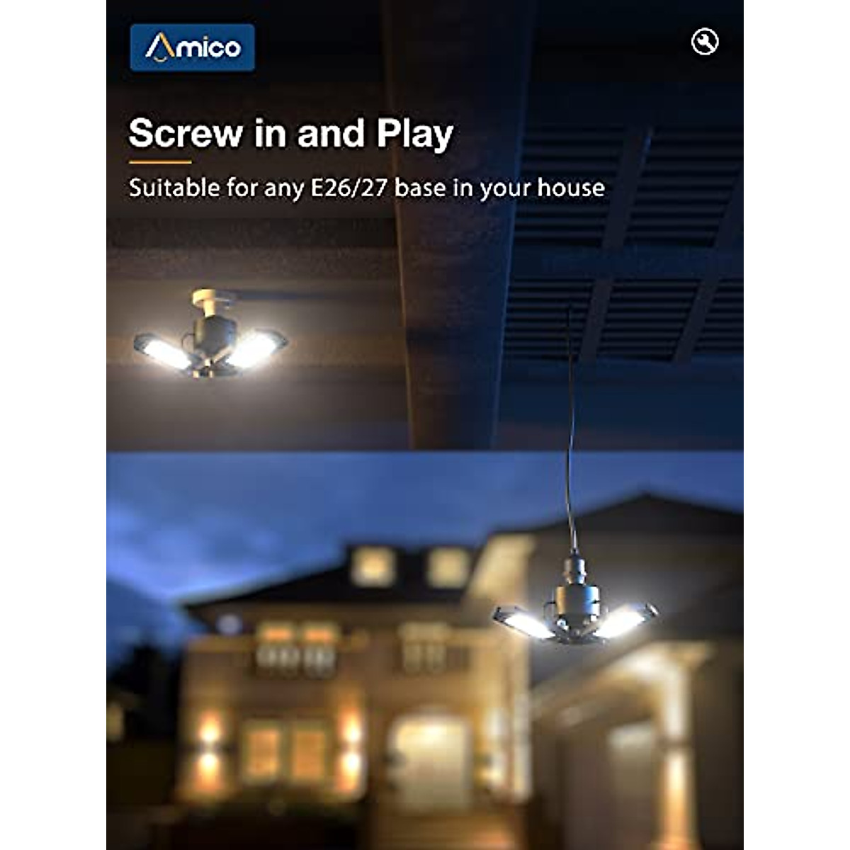 4-Pack LED Garage Lights, 50W LED Shop Light with 3 Ultra Bright Adjustable Panels, 5000LM 6500K Deformable Ceiling Lights for Garage, Attic, Basement, E26/E27 Base