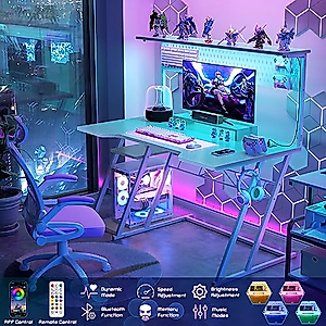 Gaming Computer Desk with Storage Shelves & Z-Shaped Legs, White Gaming Desk with Hutch and LED Lights, Reversible PC Gaming Desk with Pegboard for Bedroom & Small Spaces, Carbon Fiber Surface, 47''