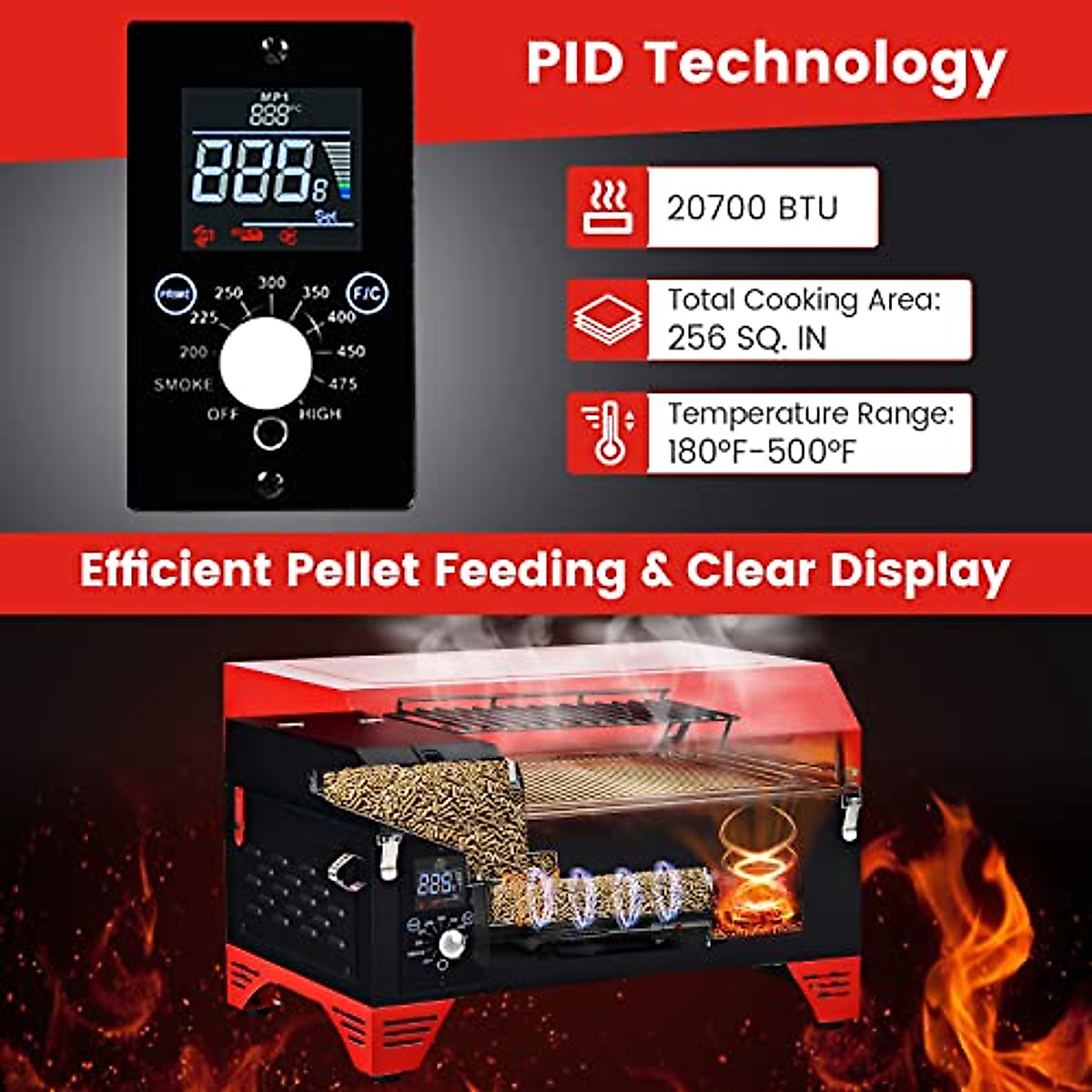 ORALNER Portable Pellet Grill and Smoker, 8 in 1 Tabletop Smoker Outdoor BBQ w/ Auto Temp Control for Camping RV Travel Tailgating Apartment Cooking, Small Wood Pellet Smokers w/ LCD Screen, Grease Bucket, Stainless Steel Meat Probe (Red)