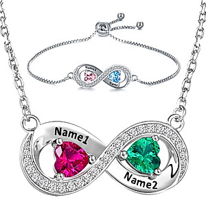 Personalized Infinity Necklace Bracelets Sets - Sterling Silver Customized Love Heart - Shape Birthstones with 2 Names Infinity Pendant Adjustable Personalized Mother Daughter Jewelry Gifts for Her