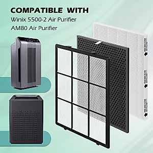 SAKEGDY 116130 Replacement Filter H fit for Winix 5500-2 Air Cleaner Purifier and Winix AM80, Package Contain 1 Washable Pre-Filter+2 HEPA Filter+2 Activated Carbon Filter Combo Pack