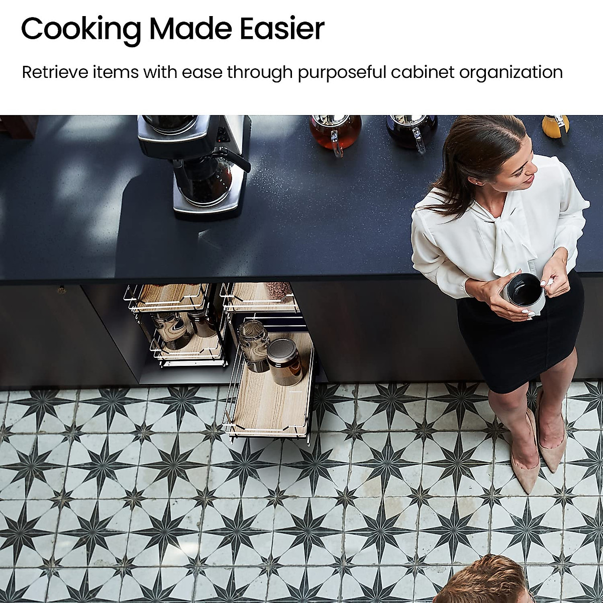 Home Zone Living Pull Out Kitchen Cabinet Organizer with 2 Tiers of Storage for Easy Access, 12”W x 20”D, Satin Nickel with Light Brown, Virtuoso Collection