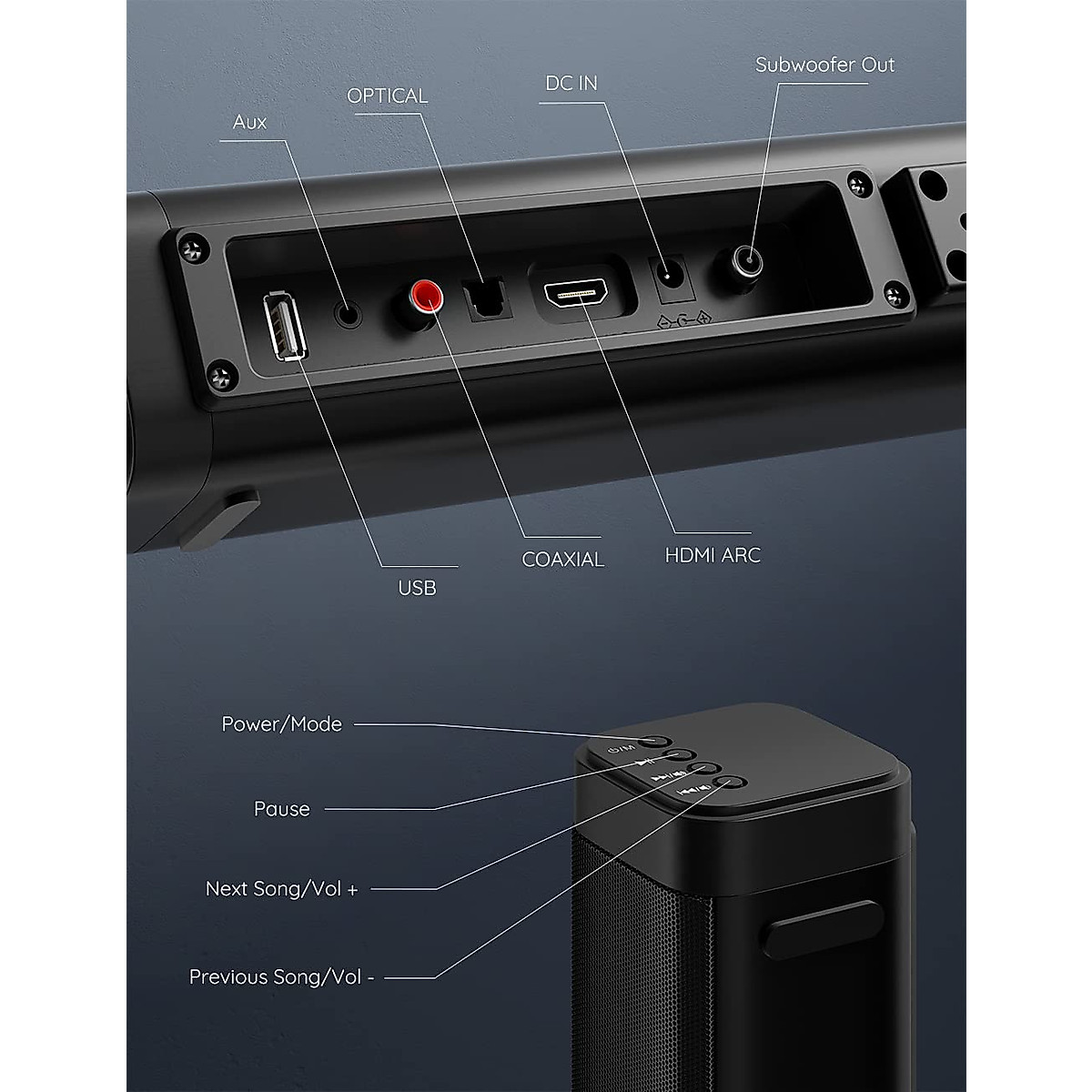 GEOYEAO Sound Bars for TV with Subwoofer, 3D / DSP/Bluetooth/HDMI-ARC Home Speakers, Bass Treble Adjustable, 2 in 1 Sound System Horizontal & Vertical Placement Surround Sound TV Speaker, 2.1 Channel