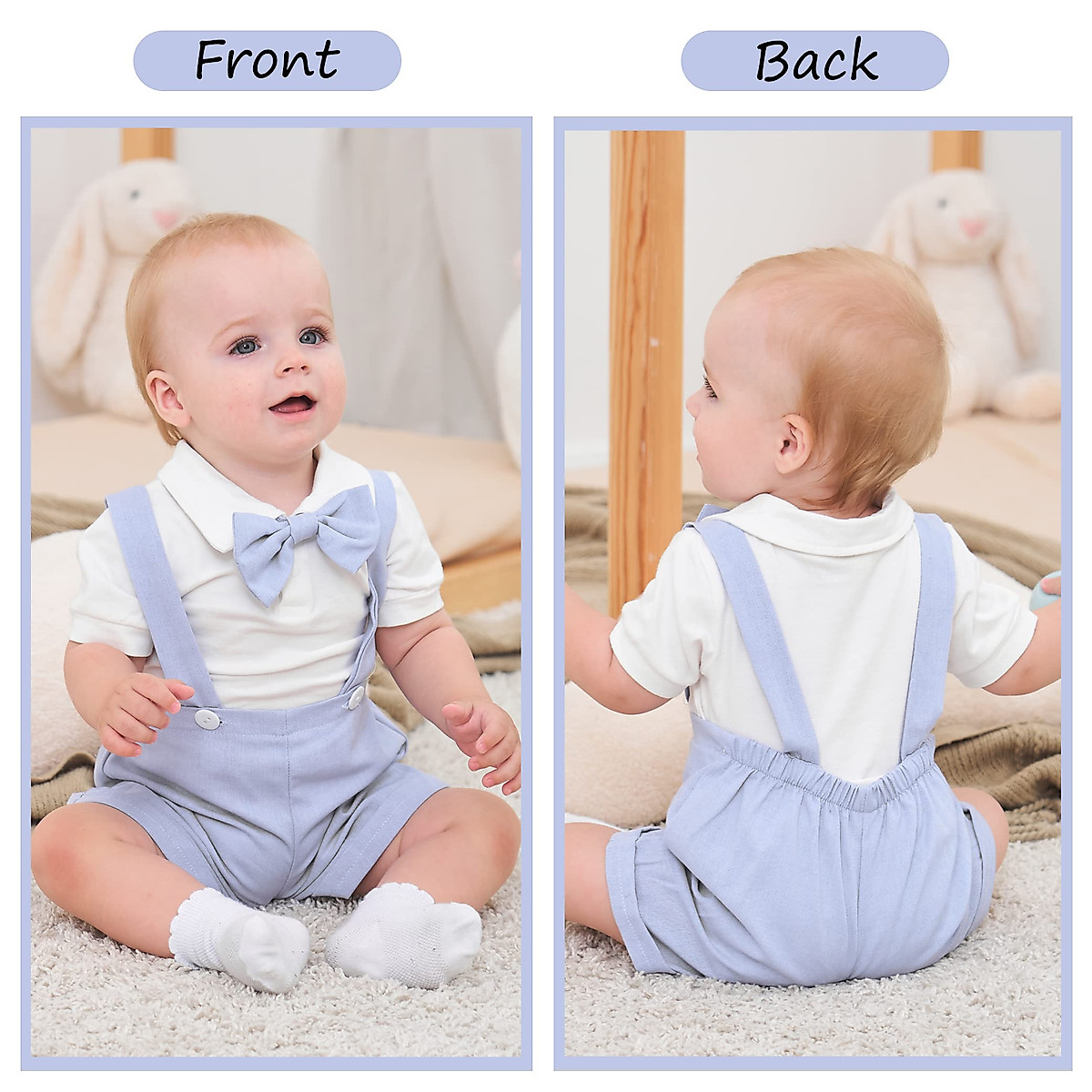 bilison Baby Boy Clothes Gentleman Bowtie Romper and Overalls Suspenders Pants Wedding Tuxedo Outfits(blue,0-6m)