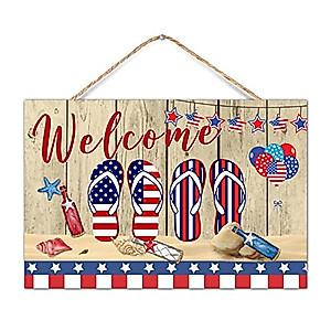 CustonCares Independence Day Flip Flops Welcome Wooden Sign Table Decor Modern Red White Blue Balloons Star Signs Decorative Wood Sign Plaque for Shelf Room Porch 12x8in
