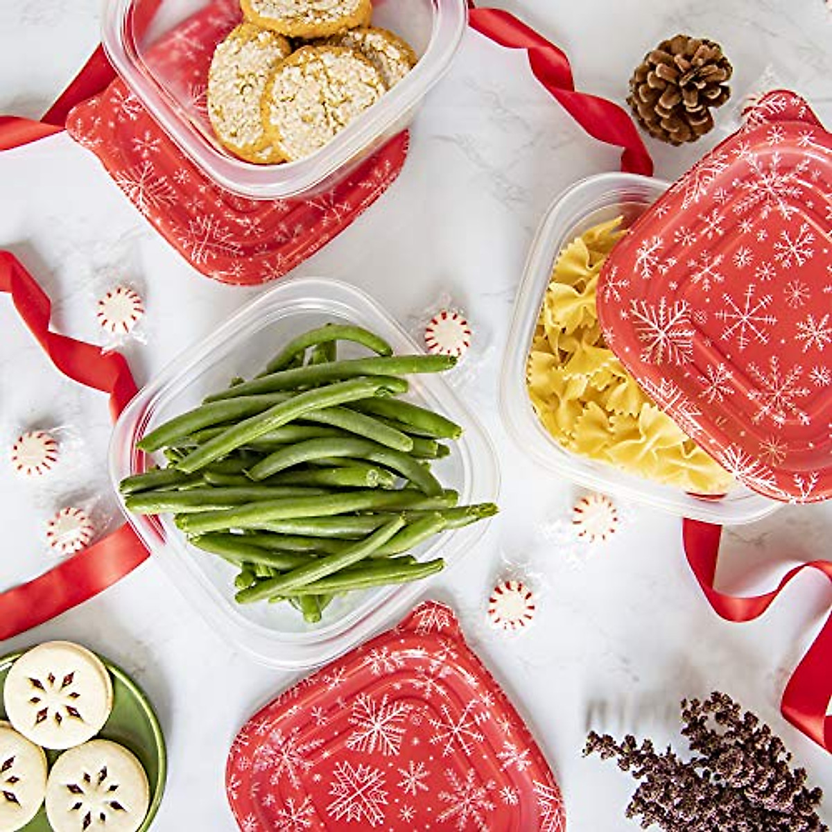 COOK WITH COLOR Containers with Lids - Holiday Plastic Food Storage Containers - Meal Prep Containers -10 Lunch Containers with 10 Lids, Airtight Reusable Containers -33.8 Oz / 1 L (Square Red Snowflakes)