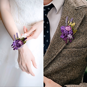 URROMA Wrist Corsage and Boutonniere Set, 1 Set Small Rose Purple Hand Flower for Prom Artificial Wedding Wrist Corsage for Wedding Party Prom