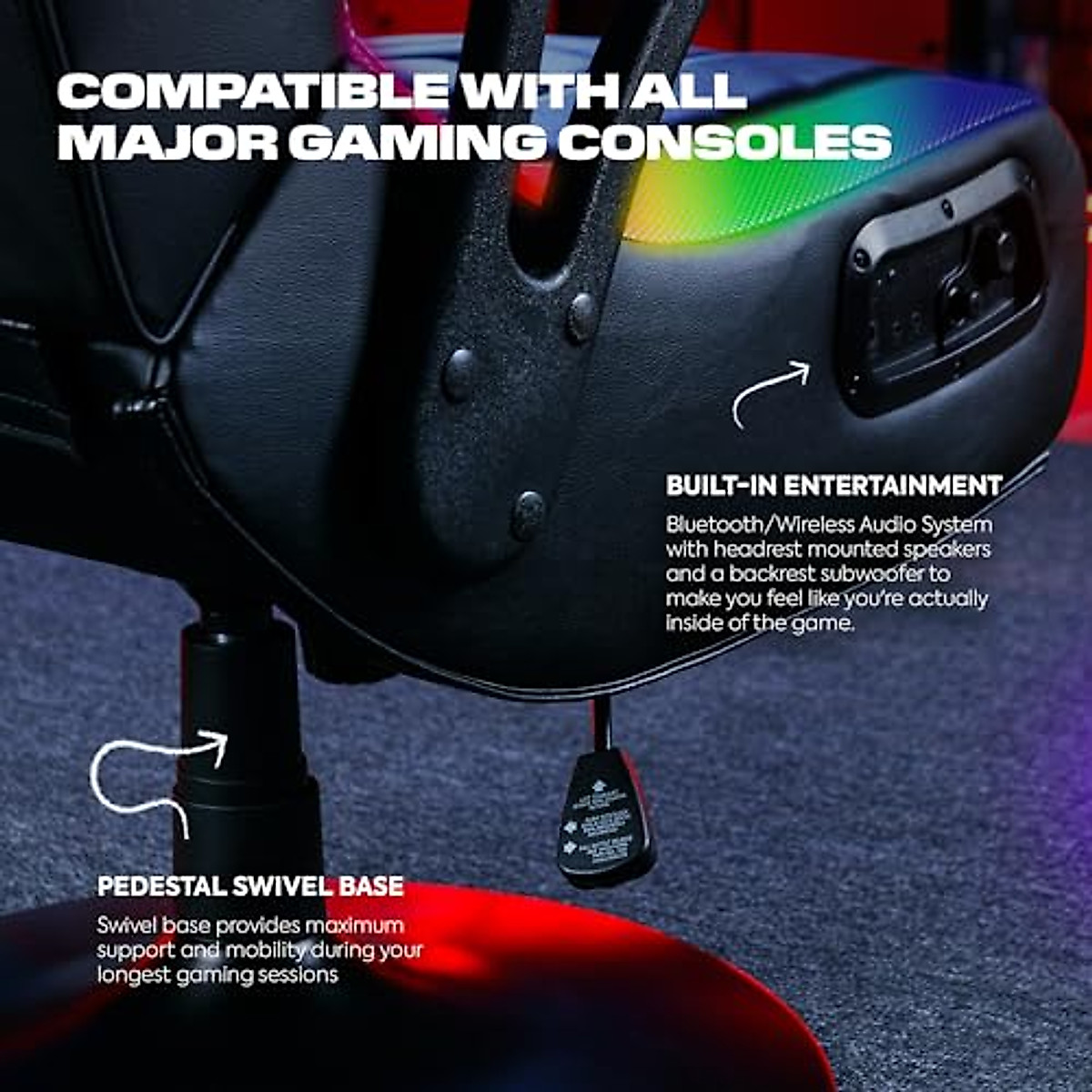 X Rocker Prism RGB LED Lounging Video Gaming Pedestal Chair with Armrests, Wireless Bluetooth Audio, Foldable, Vegan Leather, Amazon Exclusive, Black