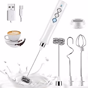 Handheld white milk frother, rechargeable, eletric- Comes with 3 interchangeable heads, stand, charging cable. Use for (milk, cappuccino, frappe, matcha, hot choclate, and so much more)