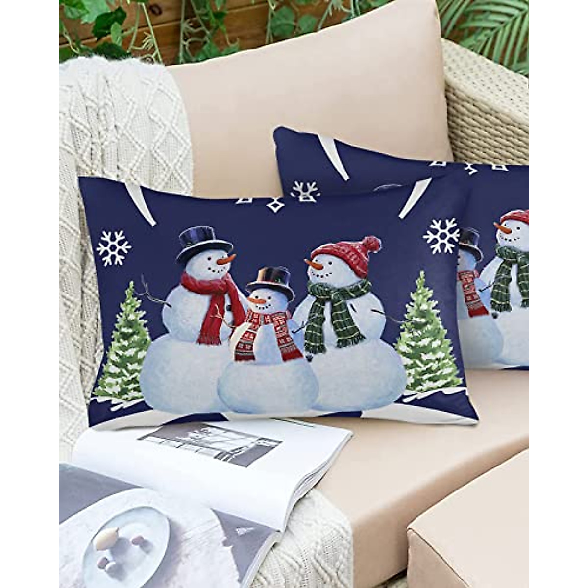Outdoor Throw Pillow Covers Waterproof Pillow Cases 20x12In,Snowman Family Christmas Tree Snowflake Decorative Pillow Covers Cushion Cases for Couch Sofa Patio Garden,2 Pack Winter Snow Night