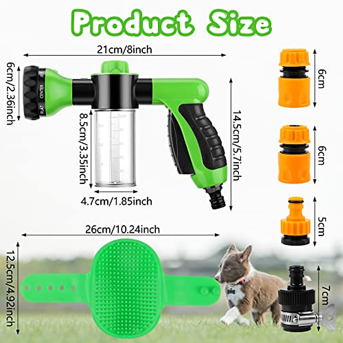 GINDOOR 6 Pieces Pet Bathing Tool Set Include Hose Spray Nozzle Livestock Foamer Soap Dispenser with Connectors and Dog Rubber Comb Brush, Dog Bathing Sprayer for Pets Showering …