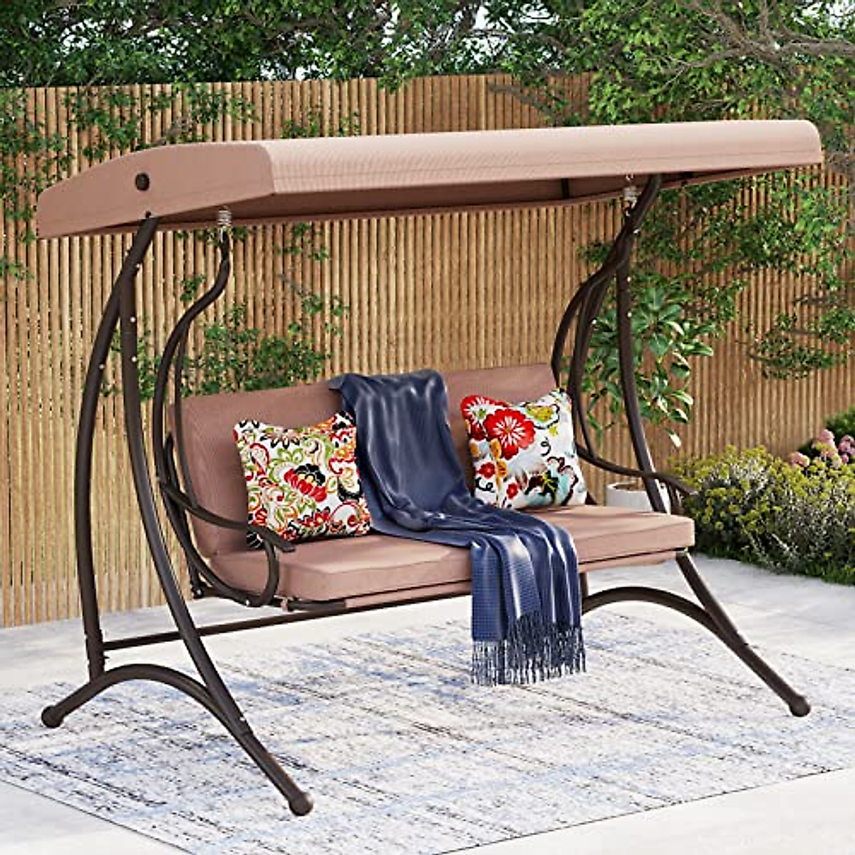 MFSTUDIO 3 Seat Patio Porch Swing, Outdoor Adjustable Canopy Swing Glider with Removable Cushion for Patio, Garden, Poolside, Balcony, Backyard (Beige)