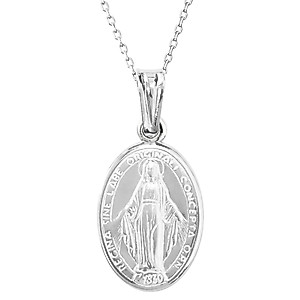 Ritastephens Italian Sterling Silver Miraculous Virgin Mary Medal Latin Prayer Charm Pendant Necklace, 19mm, 18"