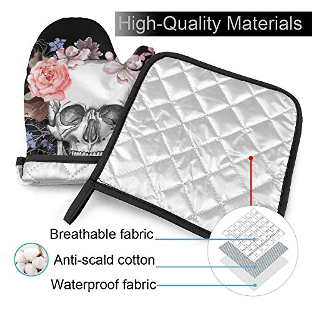 MSGUIDE Skull and Flowers Day of The Dead Oven Mitts -Heat Resistant 500 Degrees-Non Slip Kitchen Pot Holders Sets - Cooking Safe Gloves Soft Inner Lining
