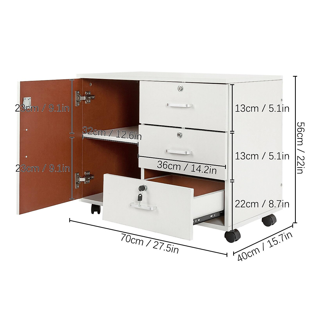 NATICRISI Mobile File Cabinet,3-Drawer Wood File Cabinet,Mobile Lateral Filing Cabinet,Printer Stand with Open Storage Shelves for Home Office,Warm White