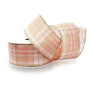 Ribbon Traditions 2 1/2" Wired Ribbon Rose Pink Metallic Gold Plaid - 10 Yards