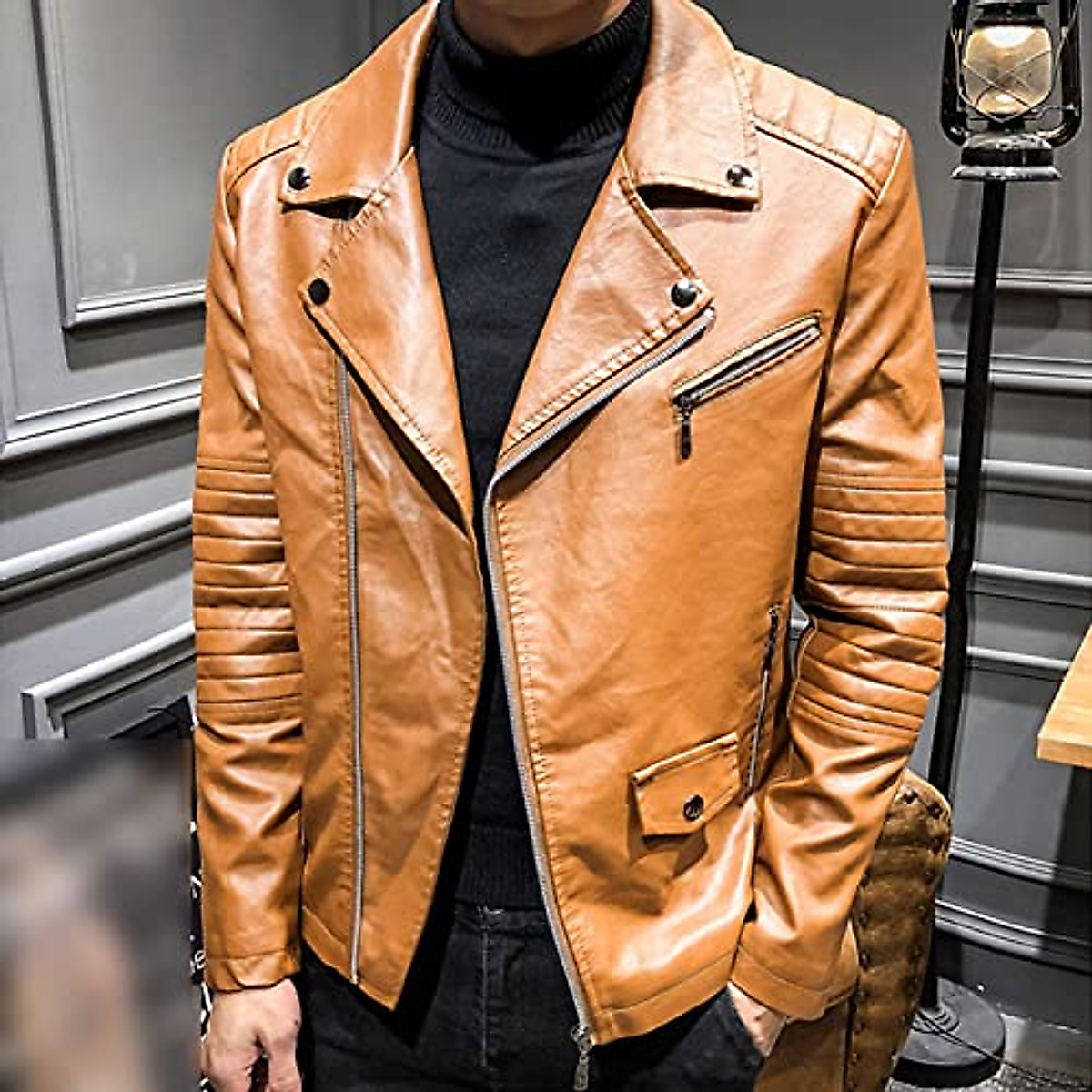 Maiyifu-GJ Men's PU Leather Jacket Vintage Asymmetric Zip Motorcycle Jacket Casual Lightweight Faux Leather Biker Coat (Yellow,3X-Large)